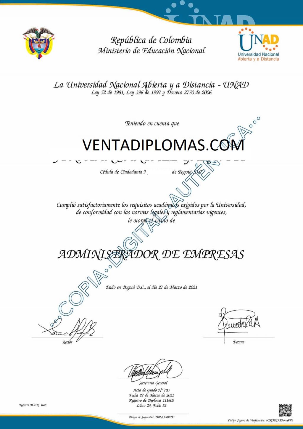 VENDEMOS DIPLOMAS UNIVERSITARIOS EN COLOMBIA